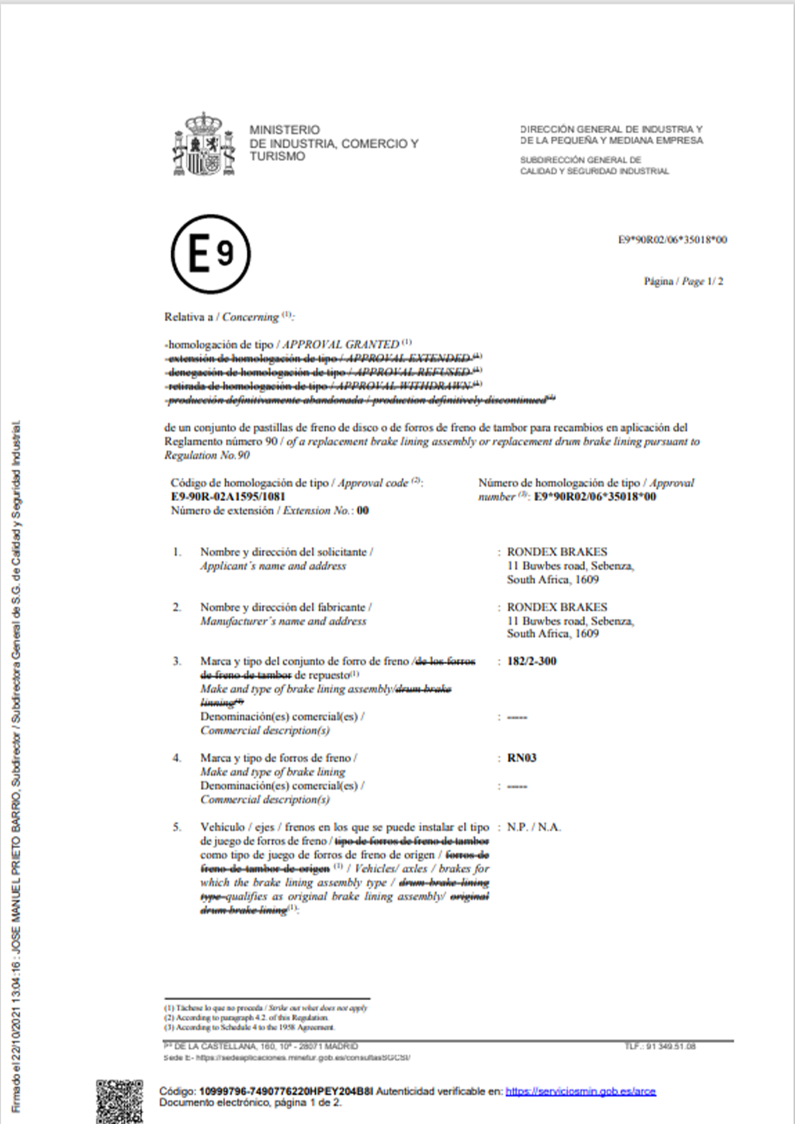 Certificates – RONDEX BRAKES – BRAKE PADS MANUFACTURER